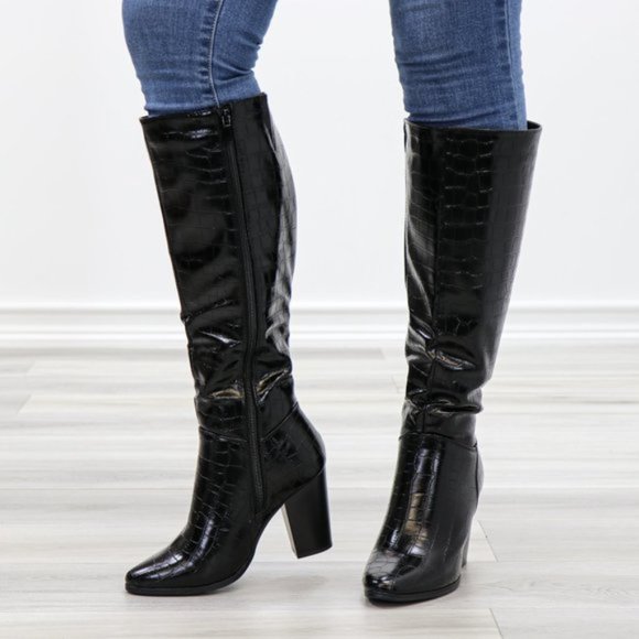 Shoes | Black Pointy Croc Texture Boot Faux Shiny Leather | Poshmark